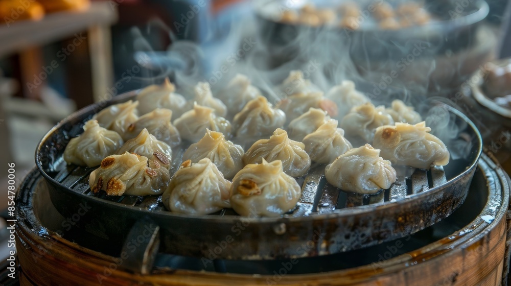 Mongolian buuz, steamed dumplings filled with savory meat, presented on ...