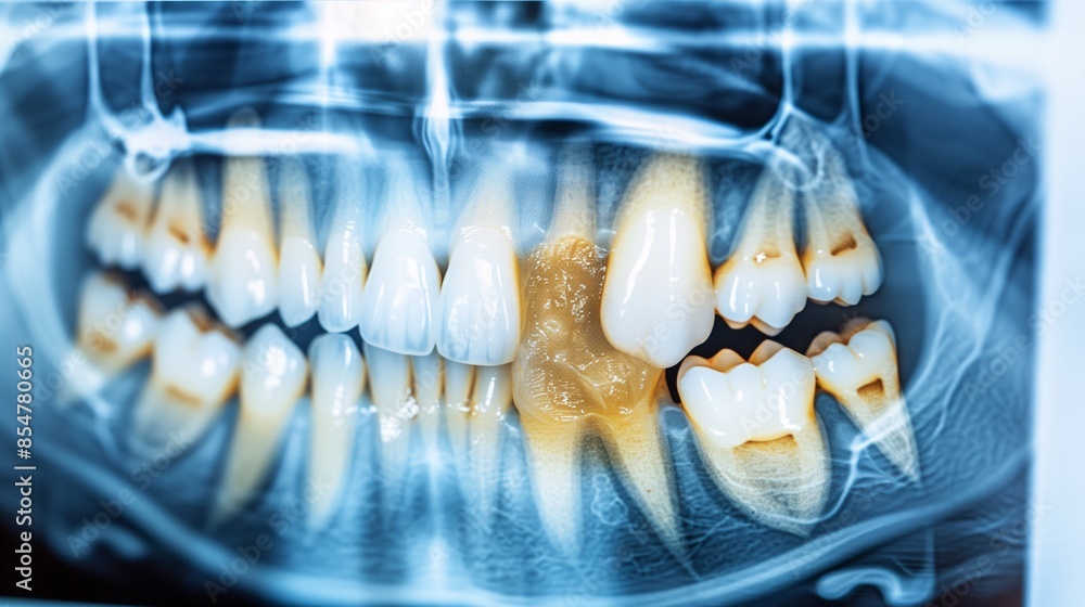High-detail X-ray of tooth decay under a dental crown Stock Photo ...