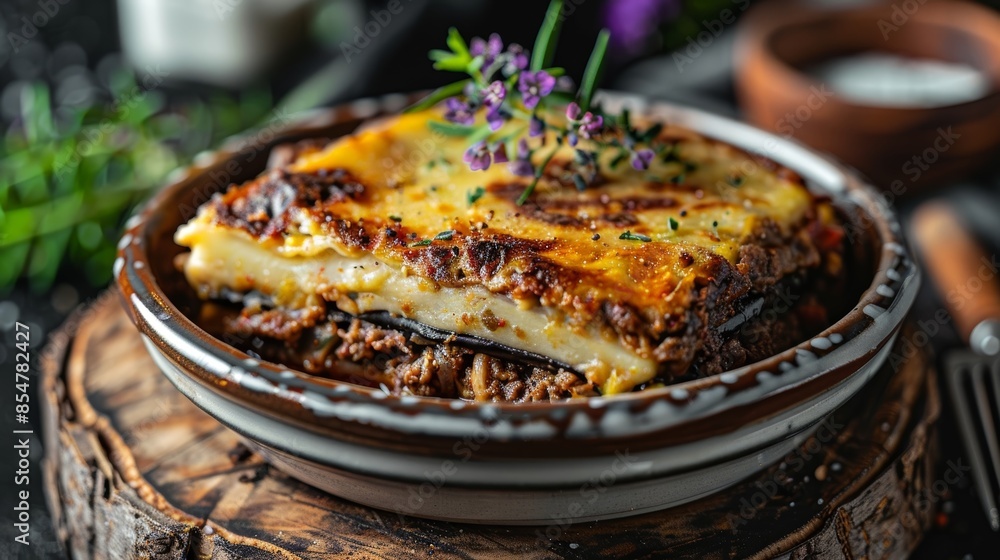 Delectable Greek moussaka baked in a ceramic dish, showcasing the classic layers of eggplant ...