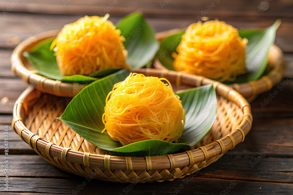 Sweet egg floss, Thai dessert called 'Foi Thong,' fine golden egg yolk ...