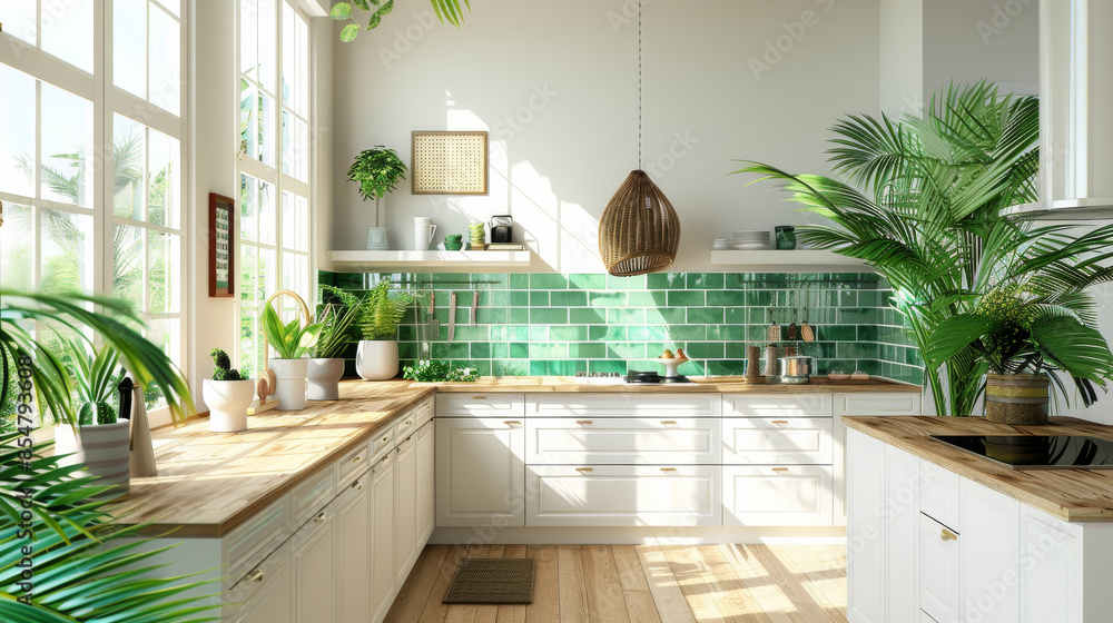Bright and airy modern kitchen with a tropical theme. White cabinetry ...