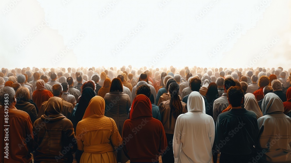 A crowd of people praying with their backs turned, white background ...