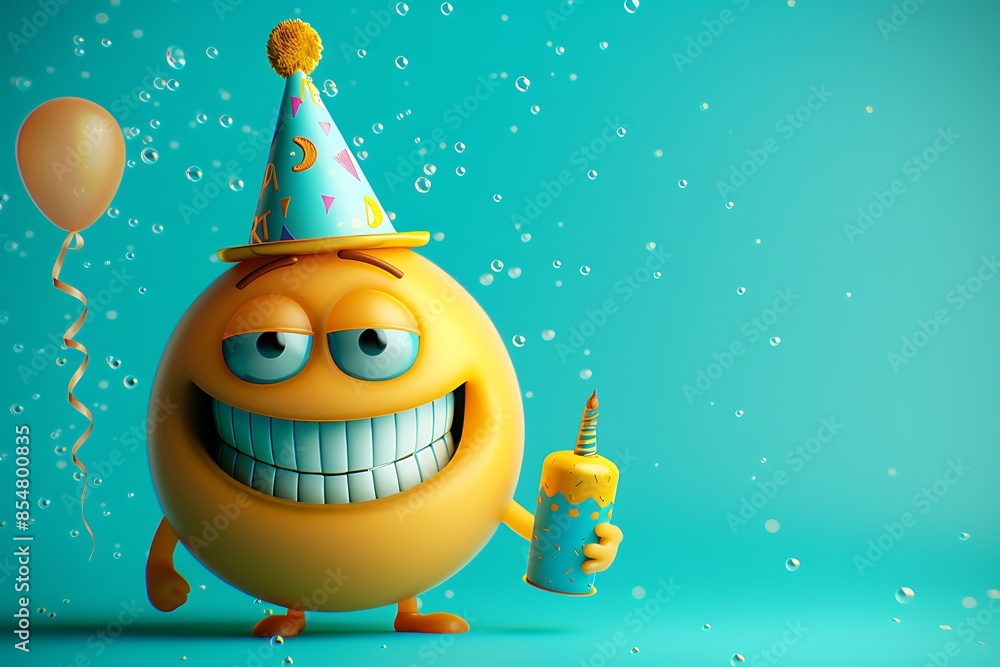 3D yellow emoji with a smug smile, wearing a birthday hat and holding a ...