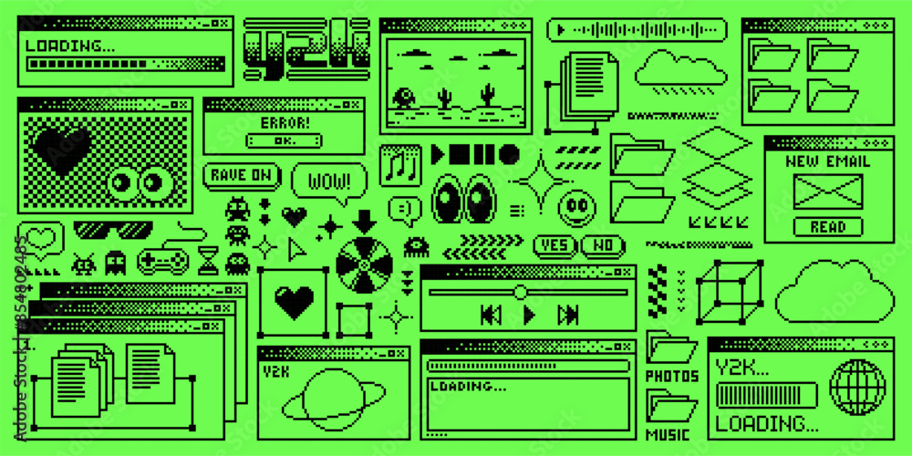 Rave Y2K computer window page with acid green interface screen and pixel buttons, vector ...