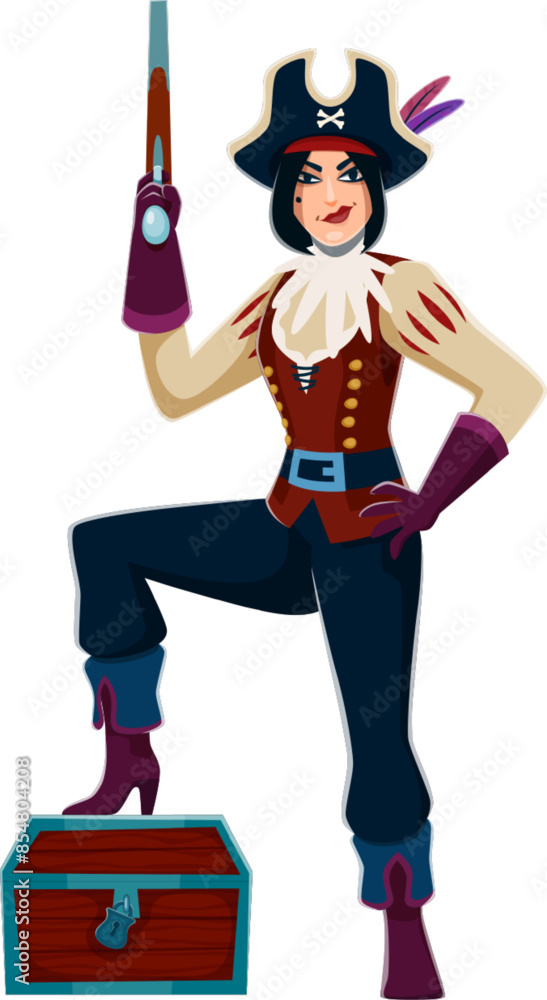 Cartoon pirate woman captain character. Isolated vector female queen corsair with flamboyant ...