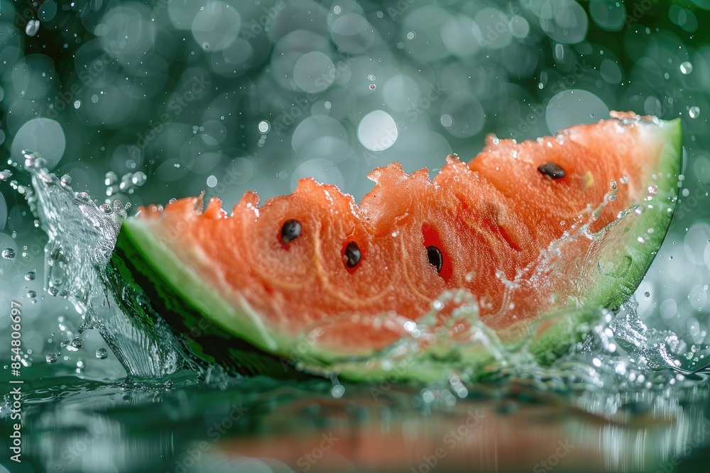 Watermelon in splashes of water on green background. A red watermelon ...