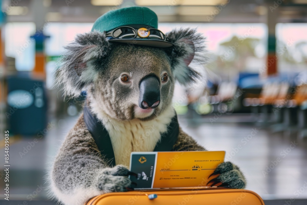A koala dressed as a pilot is checking its boarding pass at the airport ...