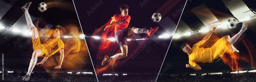 Collage. Young men, soccer players in red and yellow uniform in mid-air ...