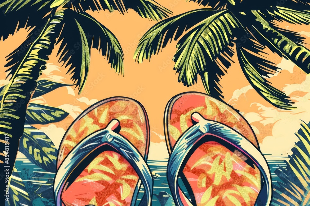 Vibrant illustration of flip flops with a palm tree design on the sole ...