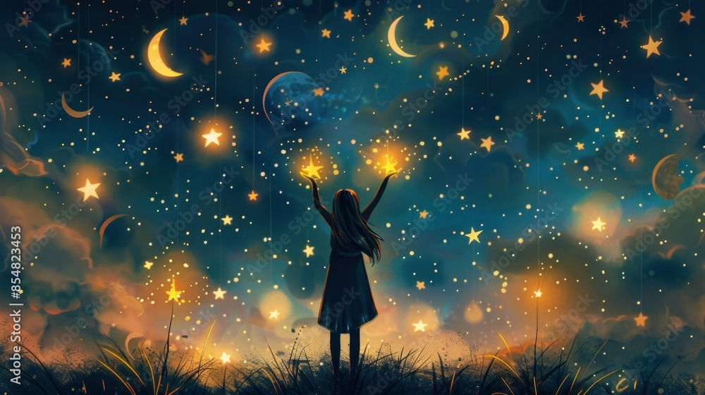 Woman standing under the starry night sky with hands raised in awe and ...
