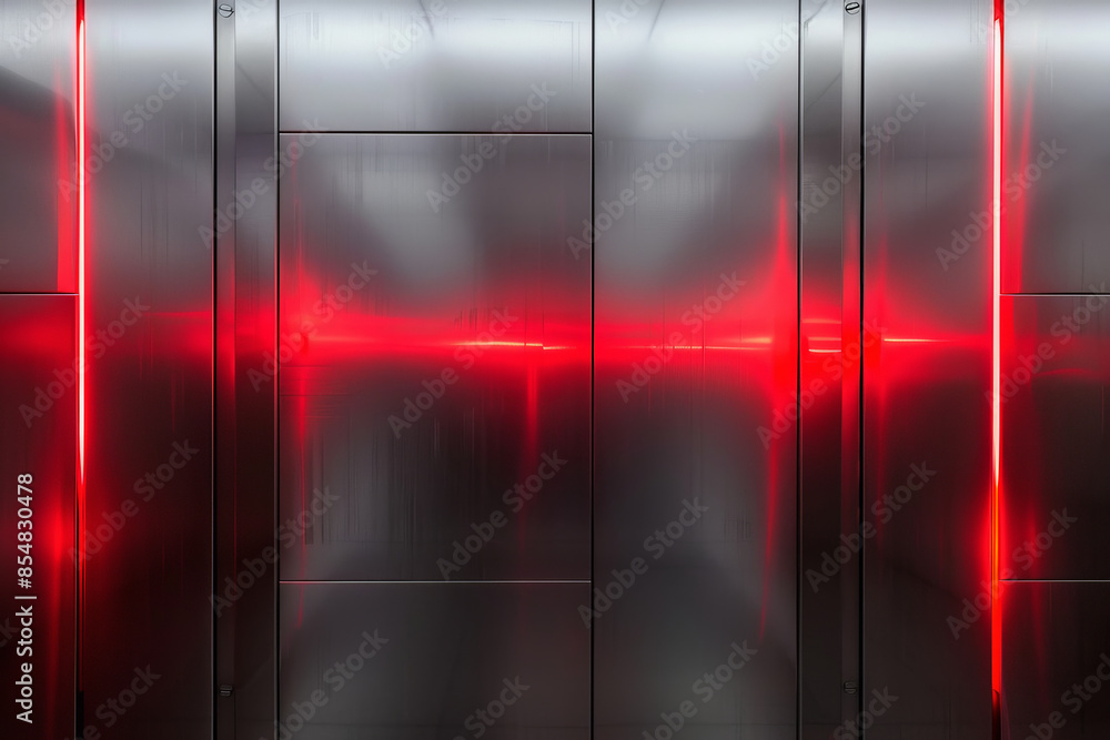 Smooth silver metal panels with pulsating red light strips: Industrial ...
