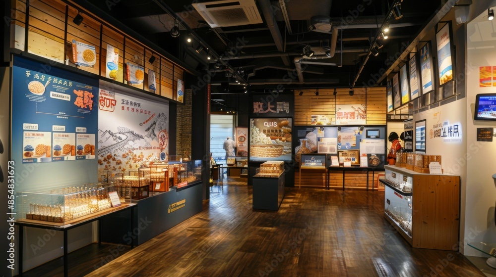 Color photo of a rice-themed corporate showroom. The walls are adorned ...