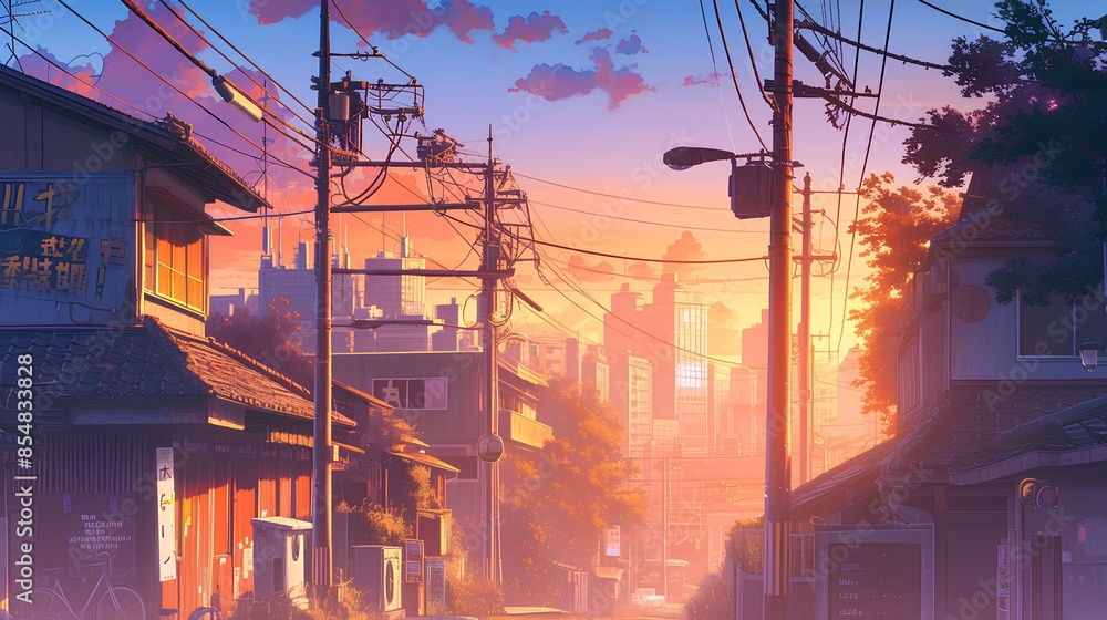 Electrical poles line the street in an anime-style sunset with an ...