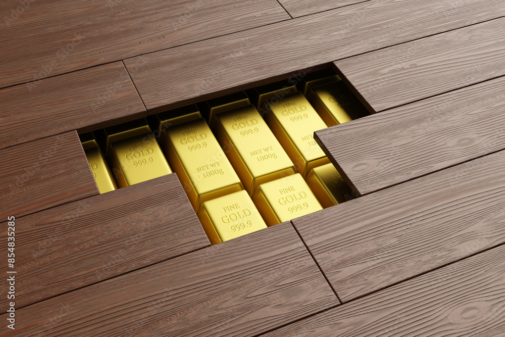 Pile of gold bars hidden under wooden floor planks. Illustration of the ...