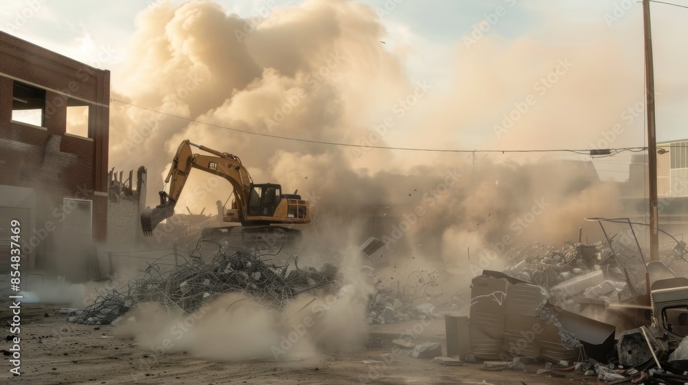 Clouds of dust rise as demolition crews use heavy machinery to tear down an old building and ...