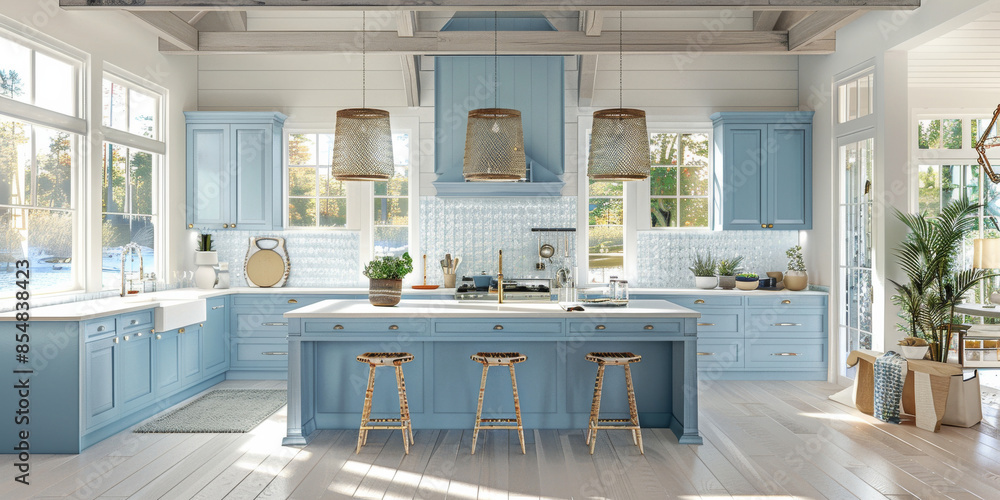 Warm and inviting modern kitchen with a coastal theme. Light blue ...
