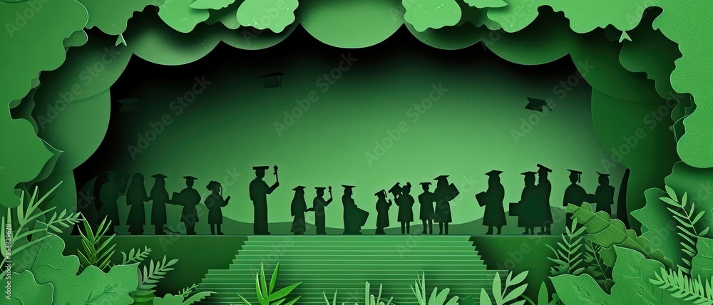 Paper cut out graduation ceremony scene, students, and stage, green ...