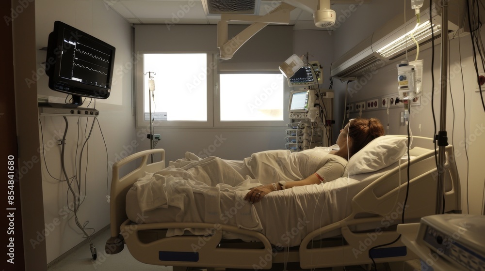 General view of a psychiatric hospital room: a woman lying on a bed ...