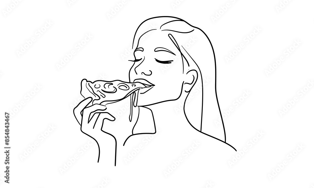 Girl eats and enjoys pizza continuous line art drawing isolated on ...