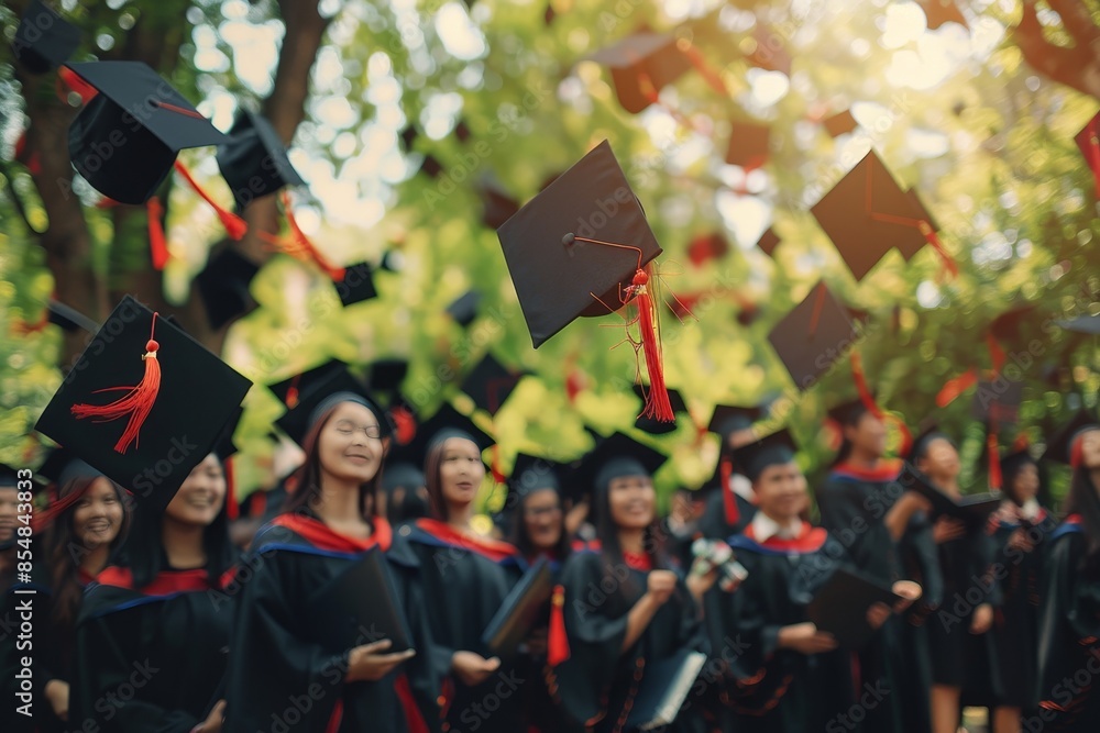 Hands releasing graduation cap above line of figures in gowns ...
