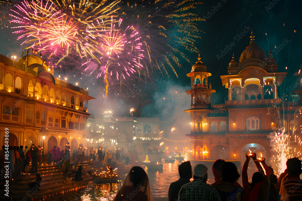 Hindu people come together to celebrate by lighting fireworks during ...