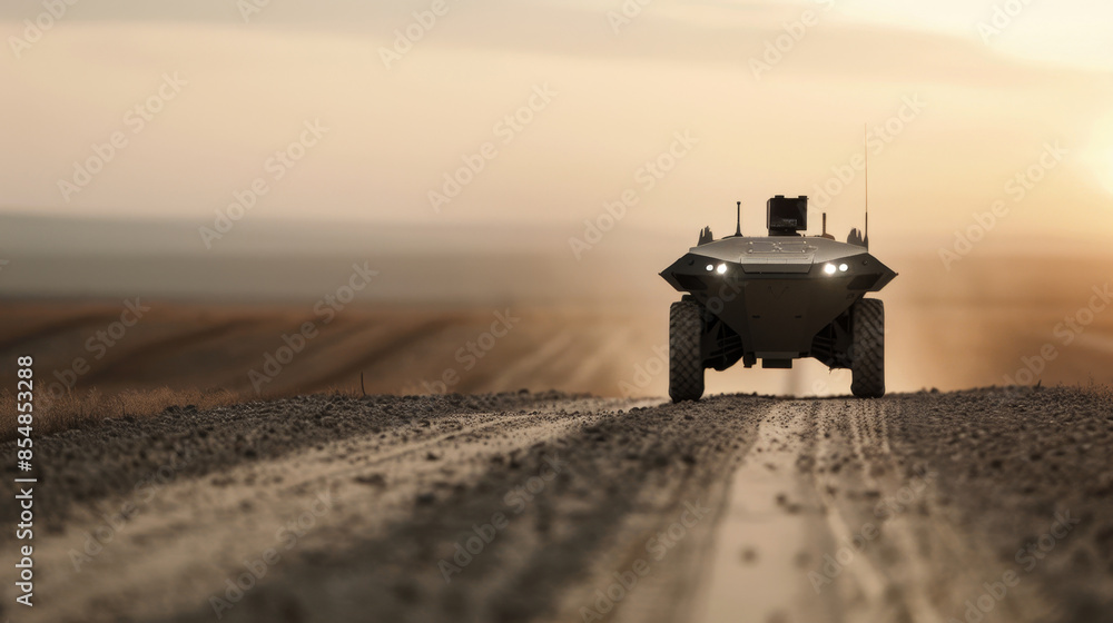 An unmanned combat vehicle patrols a deserted battlefield with AI-driven surveillance ...