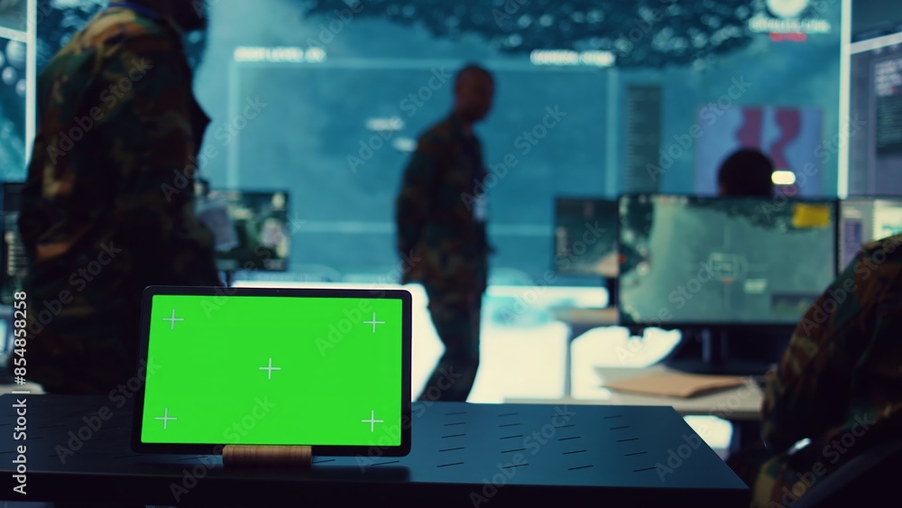 Tablet with greenscreen display running in a command post base of ... Tablet with greenscreen display running in a command post base of ...