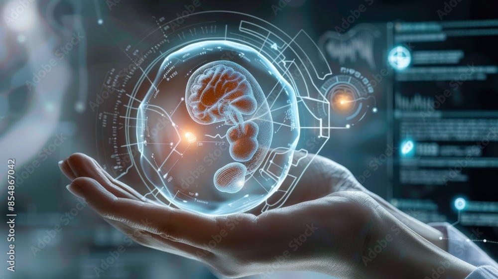 The image is a 3D rendering of a human embryo in the palm of a hand ...
