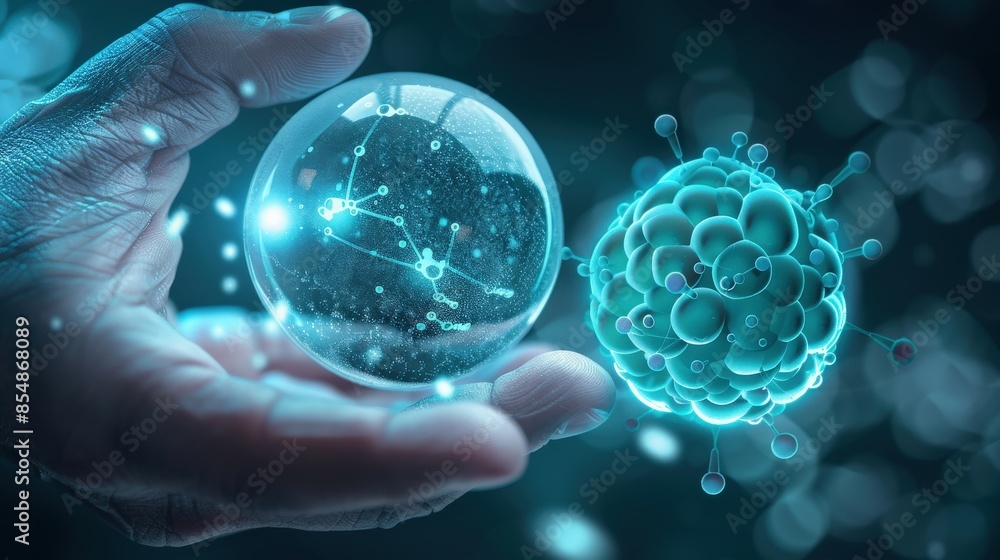 The image is a 3D rendering of a human embryo in the palm of a hand ...