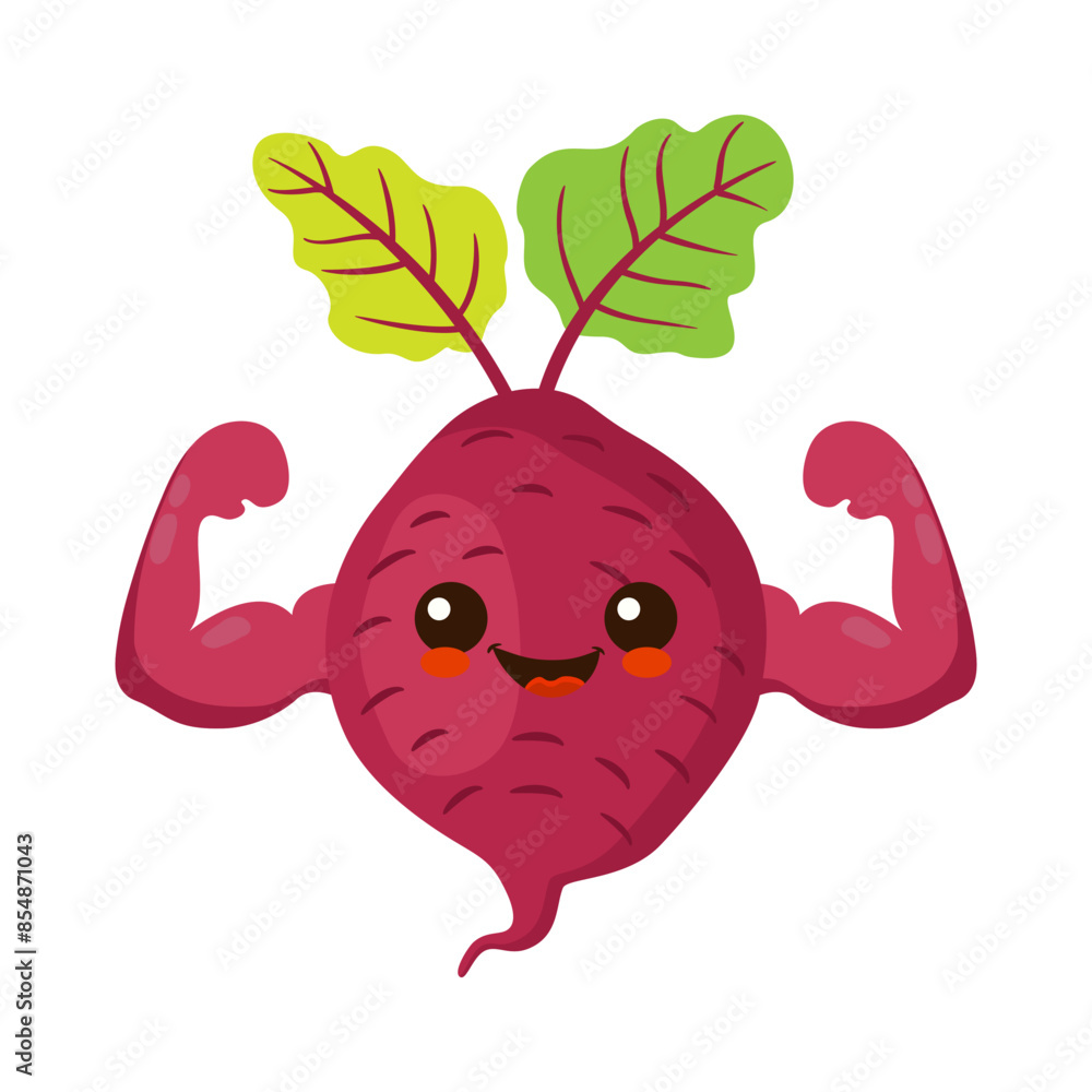 Cute happy smiling beet show muscle character. Vector hand drawn ...