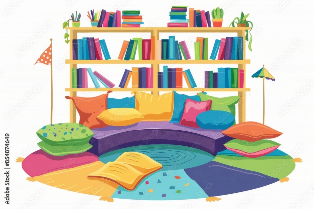 Vibrant book corners with plush seating and overflowing bookshelves ...