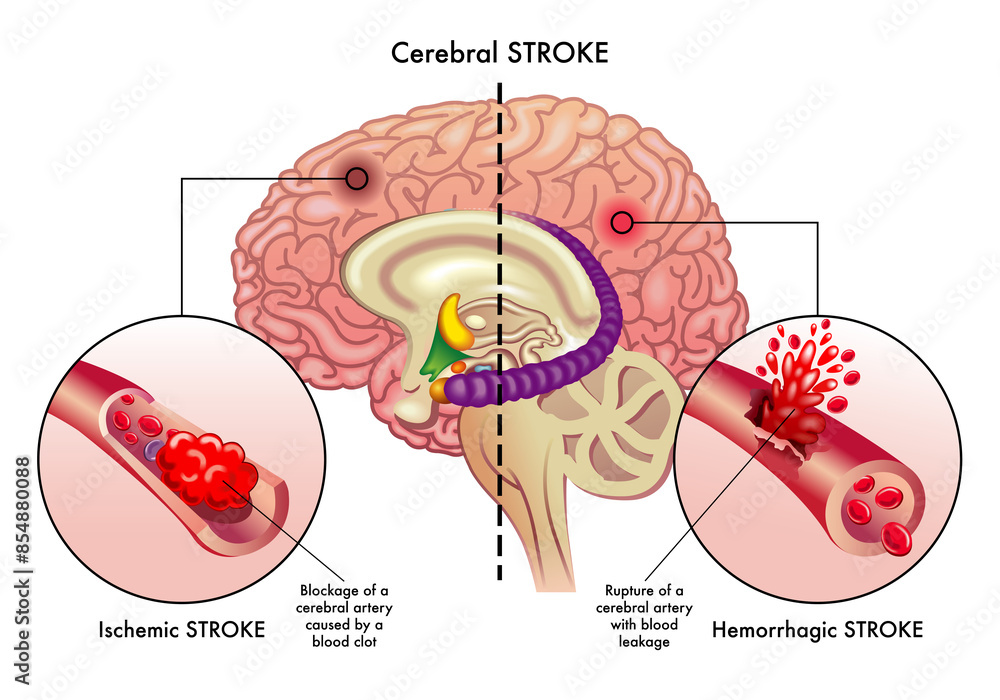 Medical illustration compares the causes of two types of cerebral stroke, an ischemic stroke ...