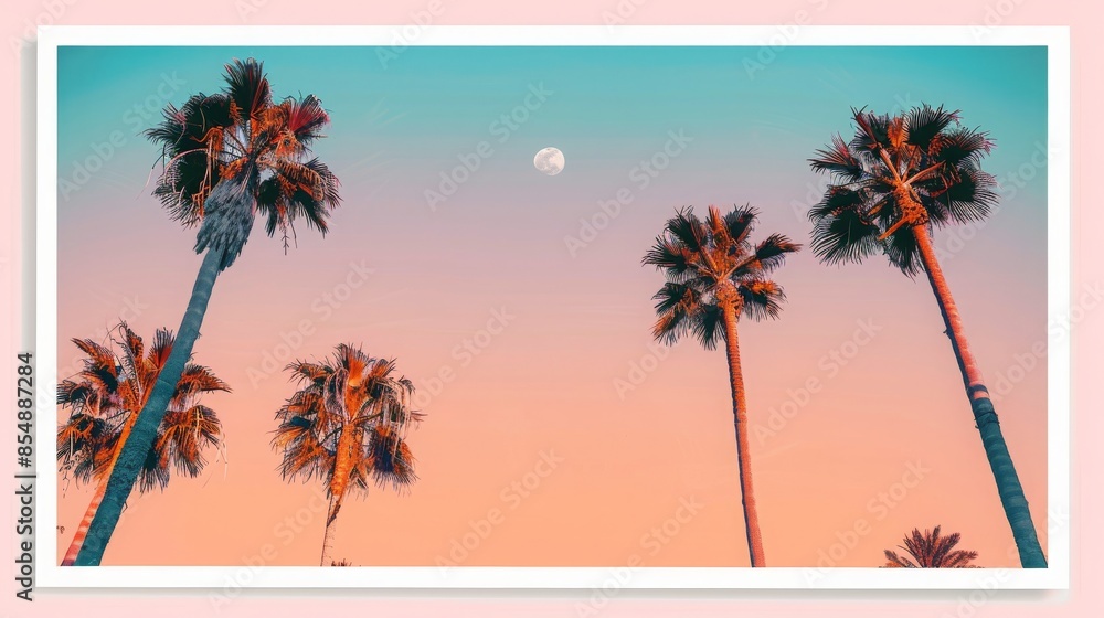 tall palm trees stretching towards a pastel pink sky with a visible ...