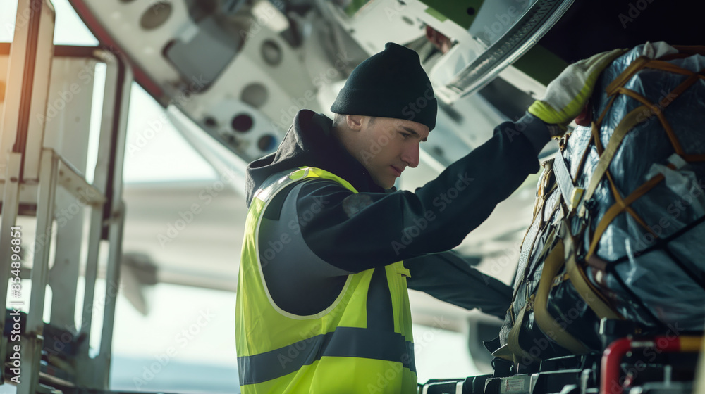 Airport staff working together loading luggage into an aircraft cargo ...