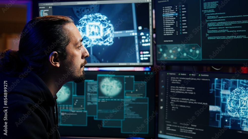 Hacker using AI machine learning on computer to produce malware corrupting data. Scammer working ...