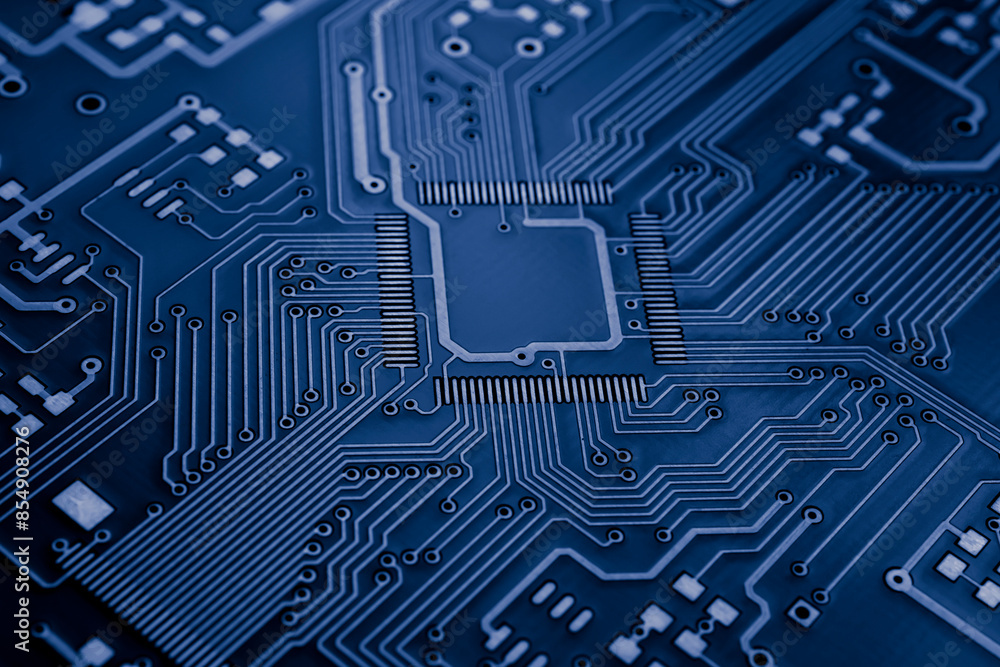 dark blue printed circuit. layout of tracks. Stock Photo | Adobe Stock