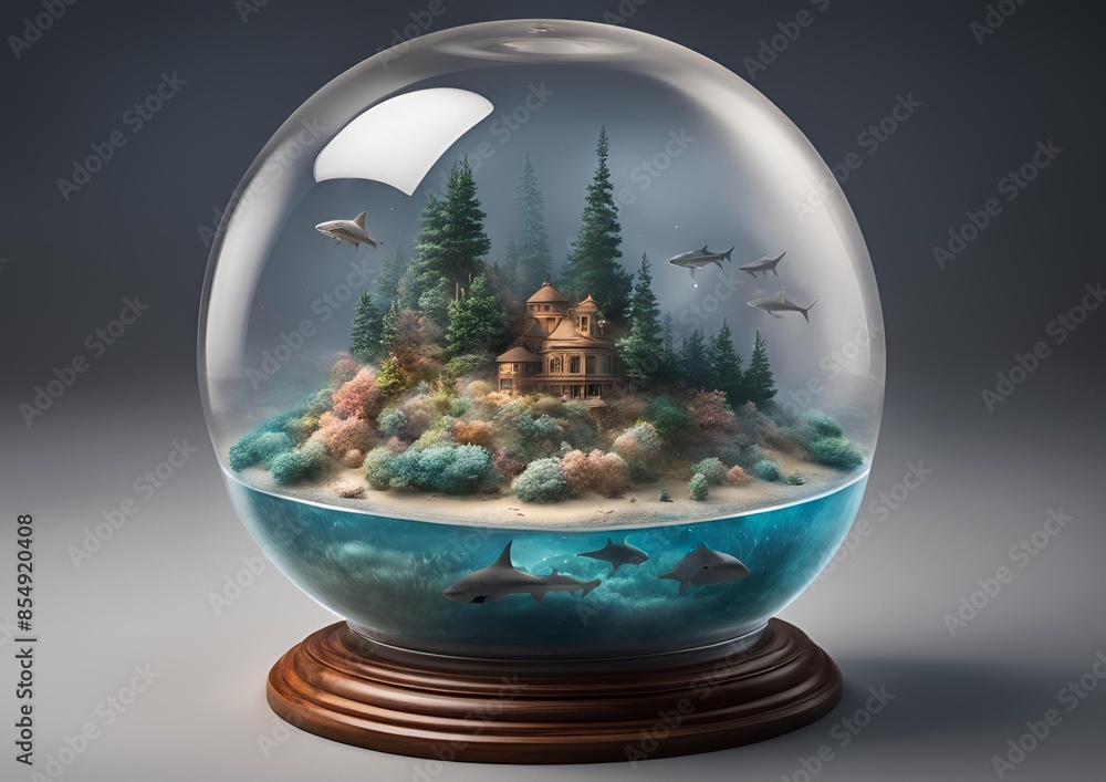 Inside the bell, you can see the sea, a shark swimming below, and on ...