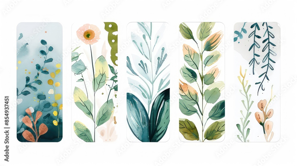 Vector illustration Set of five bookmarks decorated with botanical art ...