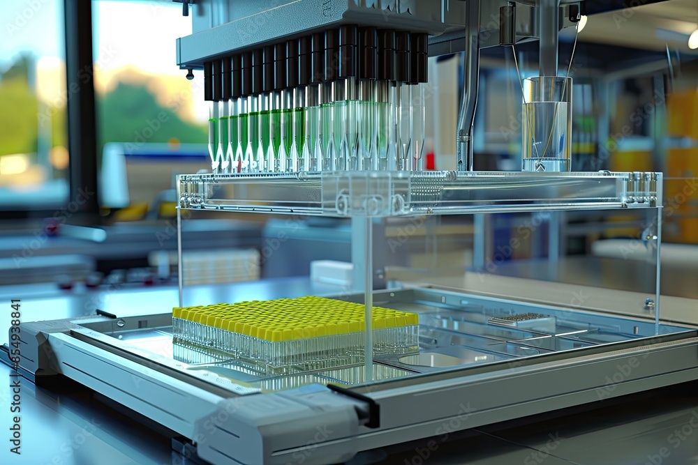 a laboratory with a lot of test tubes and a tray, Render a 3D model of ...