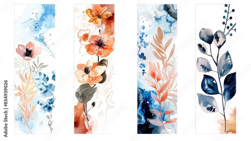 Vector illustration Set of five bookmarks decorated with botanical art ...