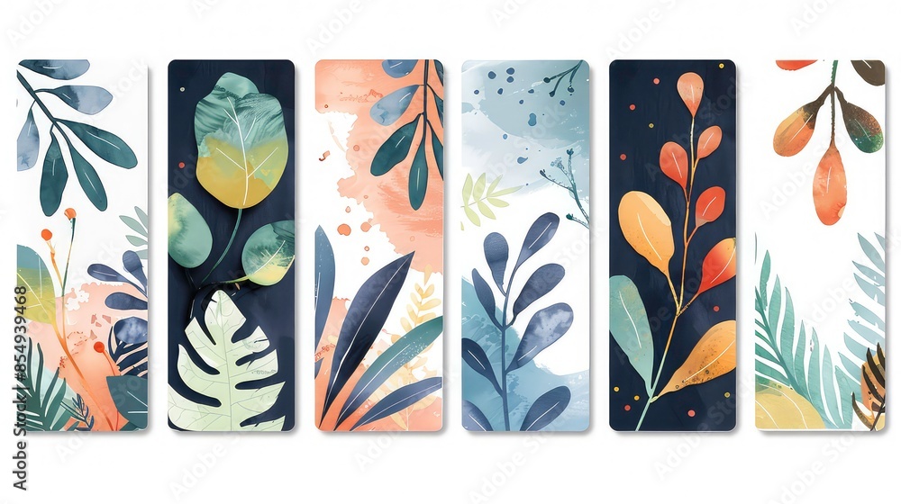 Vector illustration Set of five bookmarks decorated with botanical art ...