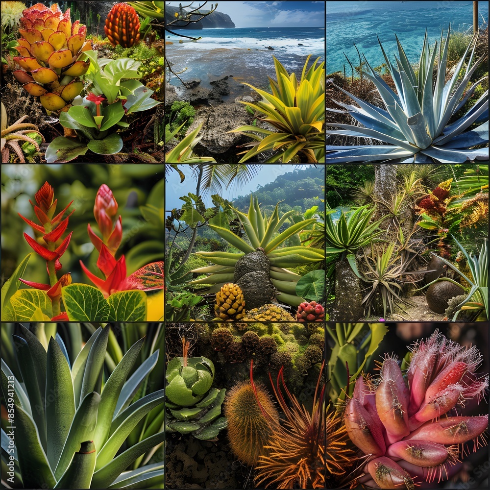 A collage of unique plant species found only on a remote island ...
