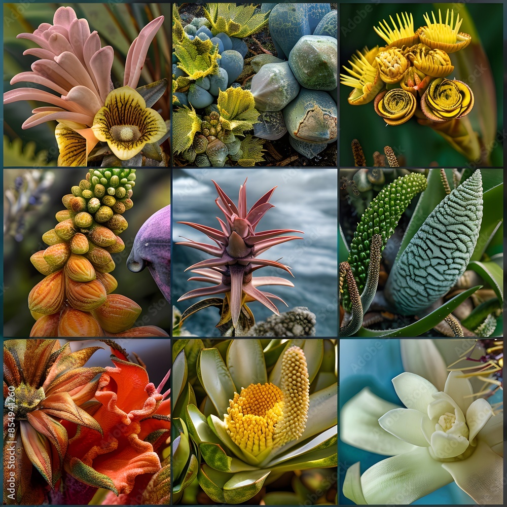 A collage of unique plant species found only on a remote island ...