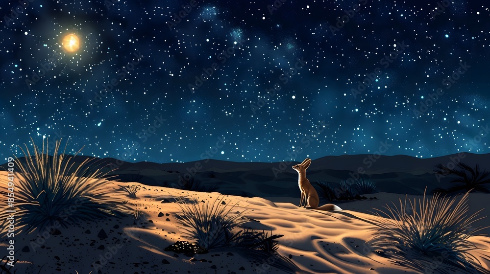 A desert scene where a fennec fox hunts at night, perfectly adapted to ...