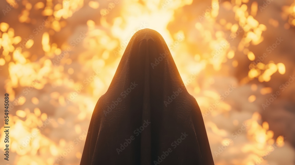 Realistic back view of a hooded priest in dark attire walking on white ...