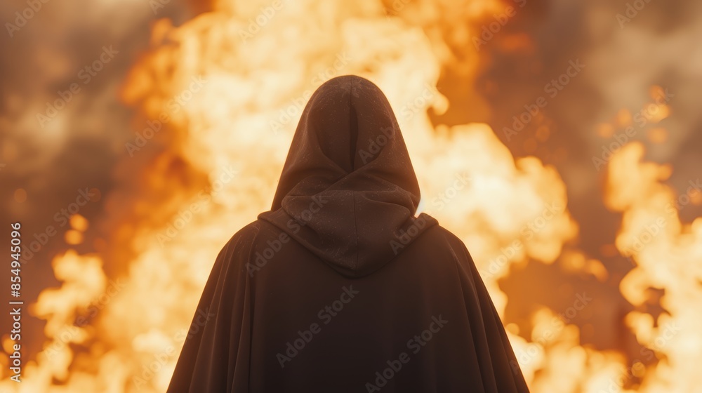 Realistic back view of a hooded priest in dark attire walking on white ...