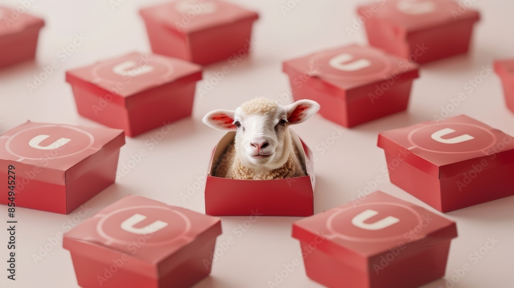 One white sheep positioned in the center of numerous red chicken burger ...