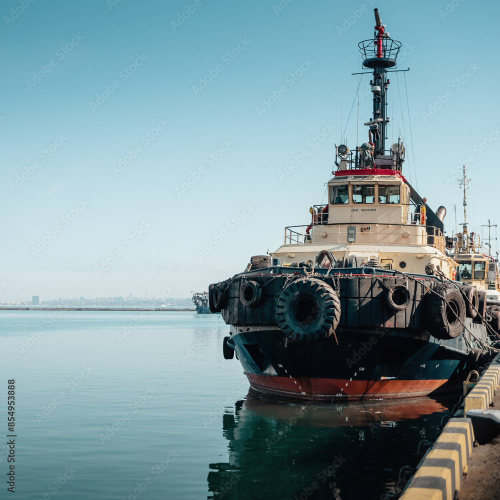 Beige tugboat moored to the wharf. Front view of old tugboat IMO ...
