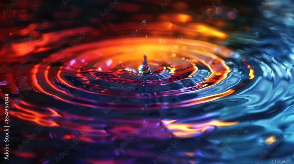 A colorful droplet splashes onto the water, spreading vibrant ripples ...