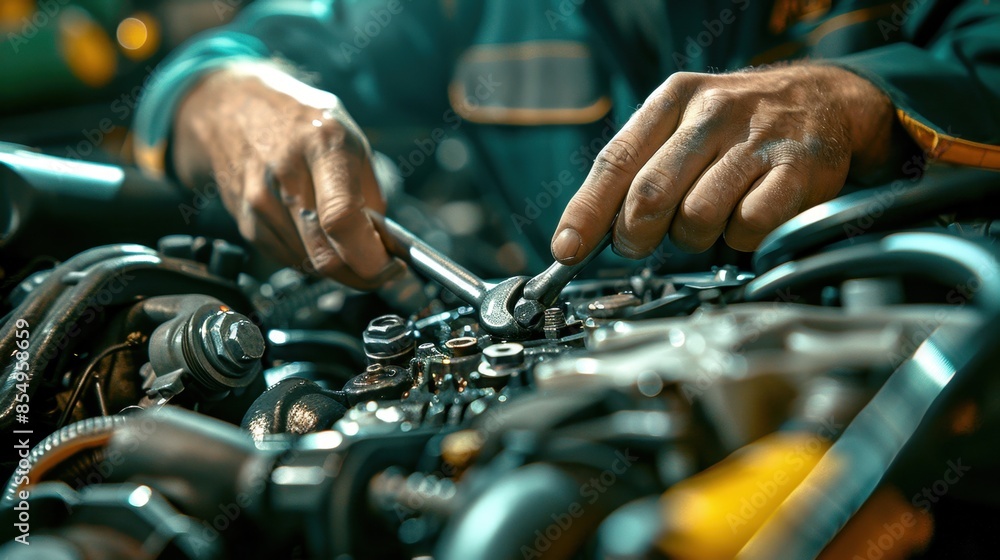 Expert hands deftly navigate an engine's labyrinth of parts, a wrench ...
